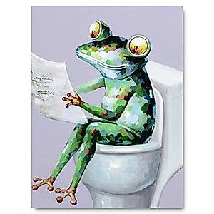 Yihui Arts Funny Bathroom Wall Art Hand Painted Happy Frog Reading Book Large Painting Pictures with Framed for Decor