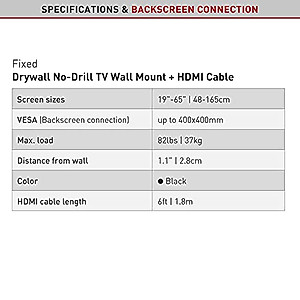 Barkan TV Wall Mount, 19 - 65 inch Fixed, Drywall No Stud No Drill Screen Bracket, Holds up to 71lbs, Auto Lock Patented, 5 Year Warranty , Fits LED OLED LCD, Including 6 ft 4K HDMI Cable Black