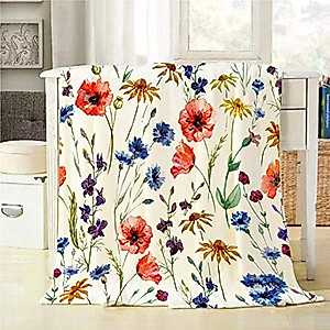 Mugod Wildflowers Throw Blanket Colorful Watercolor Flowers Poppy Cornflower and Chamomile Decorative Soft Warm Cozy Flannel Plush Throws Blankets for Baby Toddler Dog Cat 30 X 40 Inch