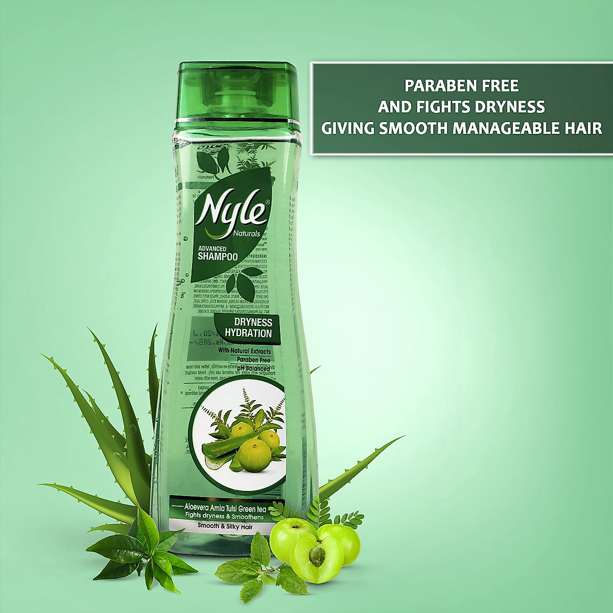 Nyle Dryness Hydration Shampoo (400ml)(13.52 Fluid ounces) with goodness of natural extracts of Aloevera, Tulsi, Amla and Green Tea