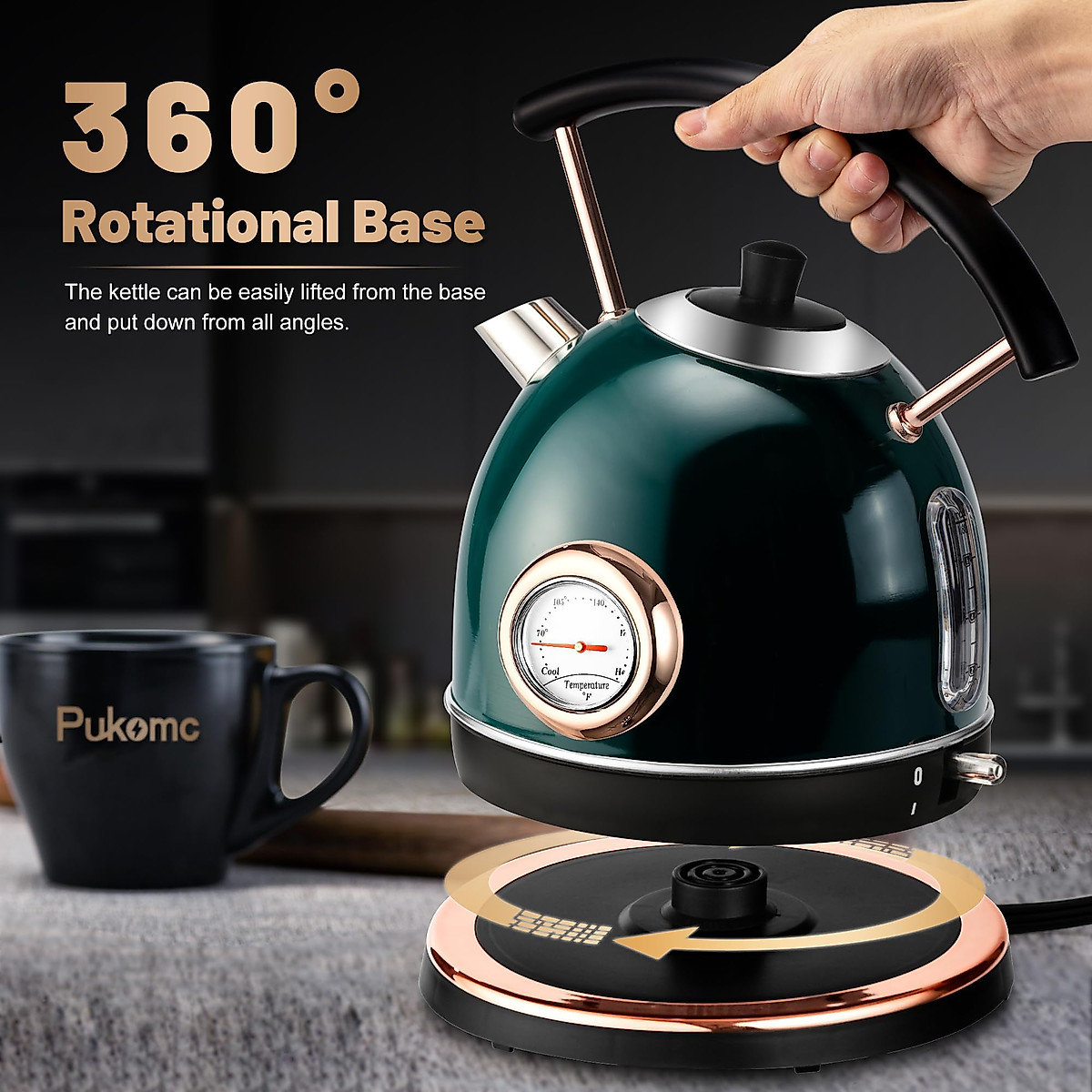 Pukomc 1.8L Electric Water Kettle with Temperature Gauge, Hot Water Boiler & Tea Heater with Curved Handle, Visible Water Level Line, Led Light, Auto Shut-Off&Boil-Dry Protection,Green