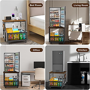 Mini Fridge Stand with Storage and Wheels, Heavy Duty Mini Fridge Table with Power Outlets for 220LBS Refrigerator, Rolling Fridge Cart with Large Capacity Drawer for Dorm,Office,Bedroom (Retro Brown)