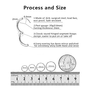 4 Pairs 316L Surgical Stainless Steel Small Huggie Hoop Earrings Set Hypoallergenic Hoops Cartilage Helix Lobes Hinged Sleeper Earrings for Men Women for Multiple Piercings (6/8/10/12mm Silver,4 Pairs