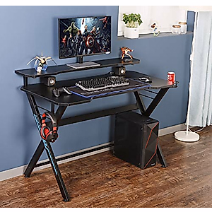 JJS 48" Home Office Gaming Computer Desk with Removable Monitor Stand, X Shaped Large Gamer Workstation PC Table with Cup Holder Headphone Hook Speaker Storage Free Mouse pad, Black
