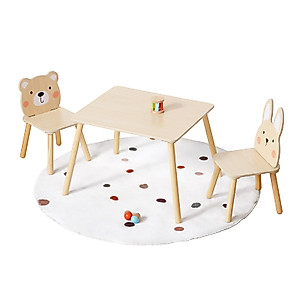 OOOK Wooden Kids Table and Chair Set, Waterproof Desktop Adorable Toddler Table Chairs Set with 2 Animal Chairs