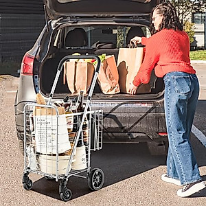 Goplus Folding Shopping Utility Cart, Double Basket and 360° Swivel Wheels, Adjustable Handle, Small Cart Perfect for Grocery Laundry Book Luggage Travel