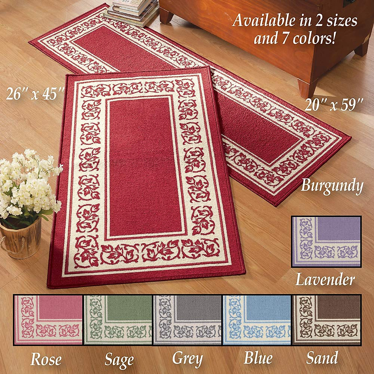 Collections Etc Floral Border Skid-Resistant Accent Rug, Blue, 26 X 45