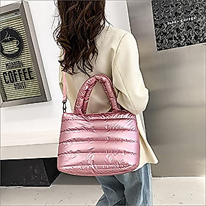 Ovida Women Puffer Tote Bag Puffy Shoulder Bag Quilted Top-Handle Crossbody Bag Down Cotton Padded Tote Handbag with Zipper (Pink)