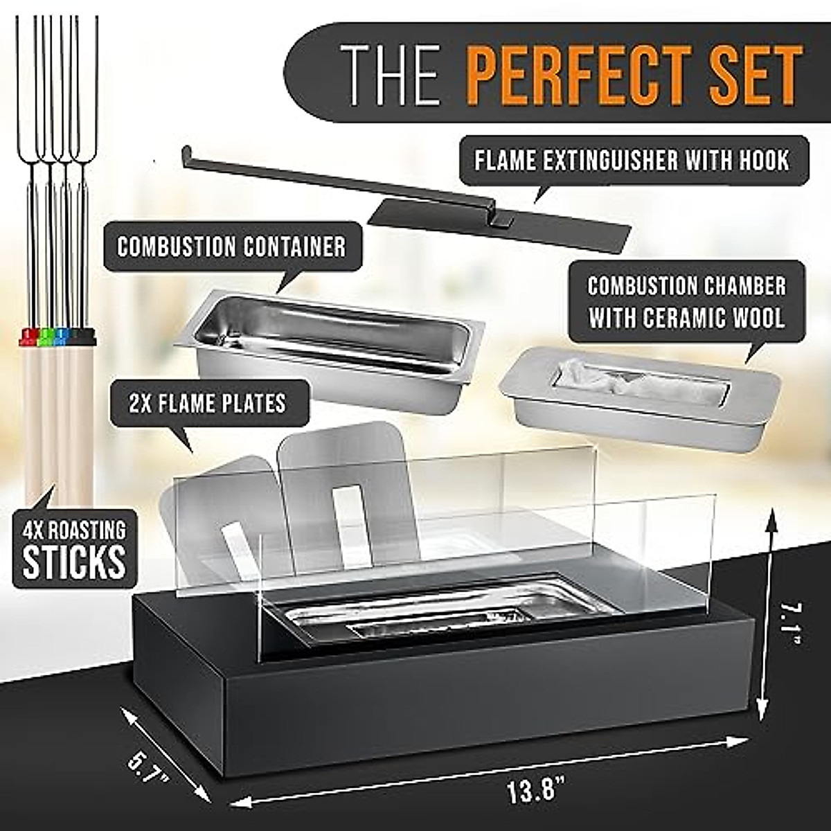 Flammtal Tabletop Fire Pit [3h Burning Time] - Table Top Firepit Indoor & Outdoor - Smores Maker with 4 Roasting Sticks - Portable Fire Pit with Adjustable Flames - Ethanol Table Top Fire Pit Bowl