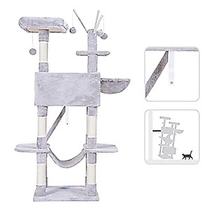 Hey-brother Cat Tree, 61 inch Cat Tower for Indoor Cats, Cat House with Padded Platform Bed, Toy Balls, Large Cozy Condo, Hammocks and Sisal Scratching Posts, Light Gray MPJ019W