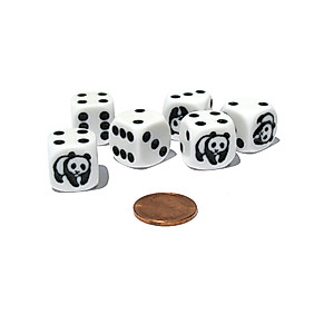 Set of 6 Panda 16mm D6 Round Edged Koplow Animal Dice - White with Black Pips