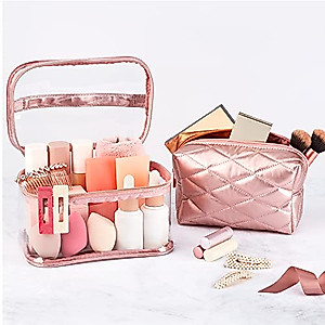 Conair Travel Makeup Bag, Large Toiletry and Cosmetic Bag, Perfect Size for Use At Home or Travel, Two Piece Train Case Set in Rose Pink Metallic Quilt