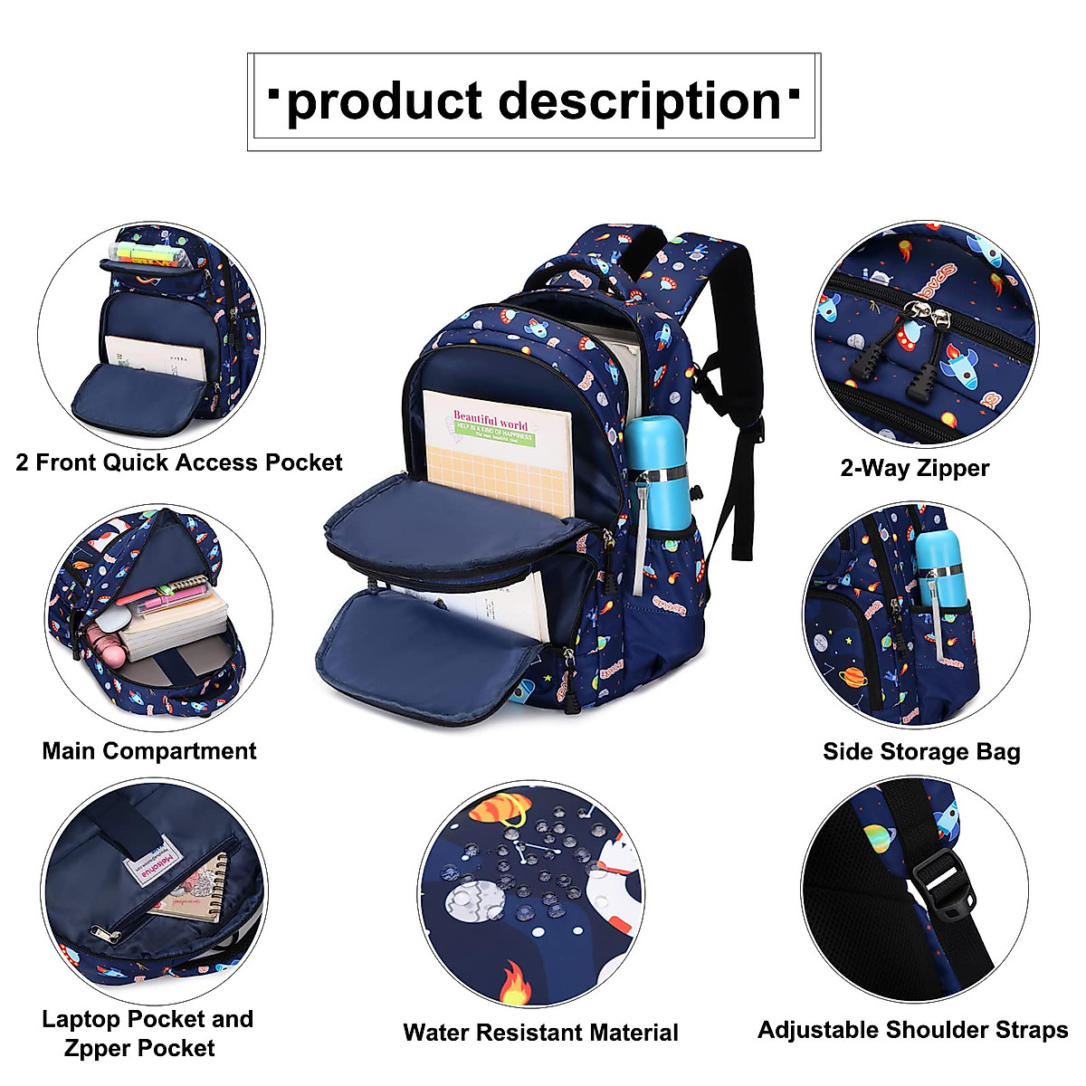 Kids Backpack for Boys Elementary School Backpack with Lunch Bag 2 in 1 Set School Bag for Boys Water Resistant Astronaut Space Backpack