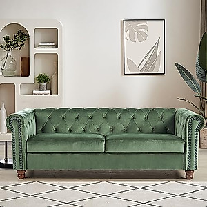 Asucoora Upholstered Chesterfield Tufted Velvet Sofa Couch for Living Room, Rolled Arm 3-Seater Sofa Couch with Nailhead Trim and 2 Neck Roll Pillows