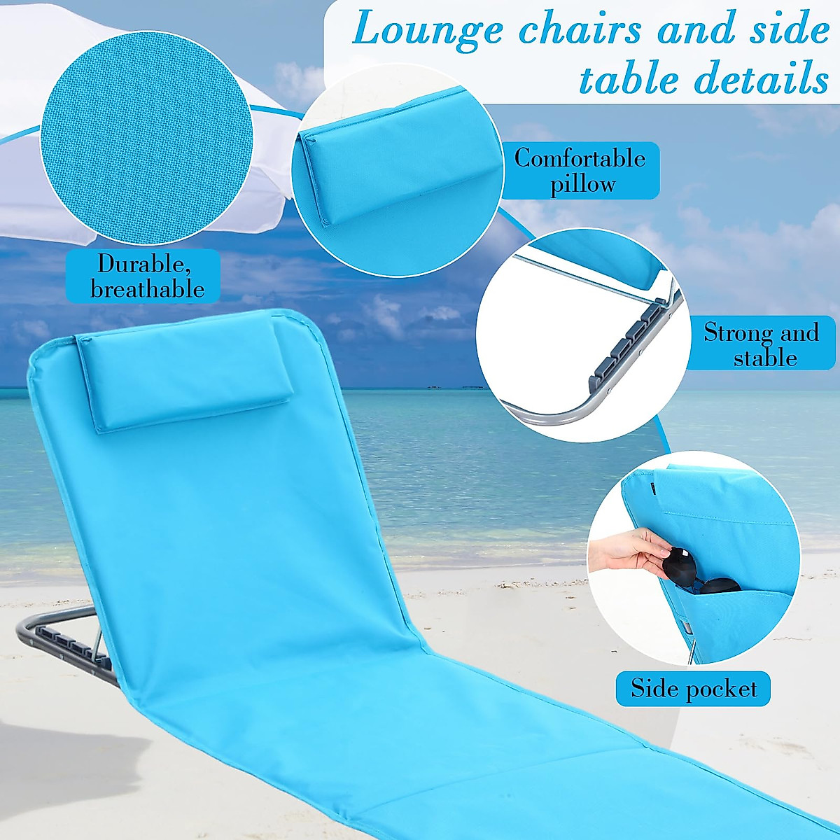 Beeveer 4 Pack Beach Lounge Chaise Chairs with 2 Folding Side Tables Portable Tanning Chair 5 Position Adjustable Lightweight Camping Chair for Sunbathing, Outdoor Yard, Lawn (Lake Blue)
