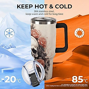 LLUTSNTH 40 Oz Vacuum Tumbler with Black Handle Leakproof Insulated Tumbler Ancient Skull And Flowers Stainless Steel Travel Mug with Lid And Straw Coffee Cup Cute Water Bottles Cup Holder Friendly