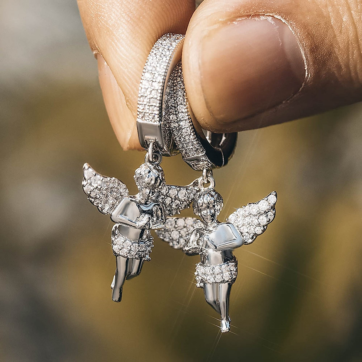 HELLOICE Praying Angel Wing Earrings Iced Out Dangle Drop Earrings 18K White Gold Plated 5A CZ Stone Dangling earrings Lightweight Religious Earrings for Women & Men