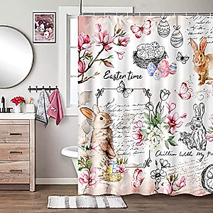 Easter Shower Curtain Sets with Non-Slip Bathroom Rugs, Toilet Lid Cover, Bath Mat, Spring Bunny and Butterfly Shower Curtain Sets with Hooks, Cute Easter Shower Curtains for Bathroom Decoration