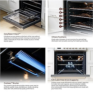 RANGAIRE RRG303TS 30" Gas Range, 5 Sealed Burners, 5.0 cu. Ft. Capacity, Freestanding Slide-in Convection Oven, Easy Reach Racks, Clock and Timer, Stainless Steel