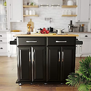 Codesfir Kitchen Island Cart with Storage Cabinet, Kitchen Island on Wheels with Drawer and Towel Rack, Rubber Wood Top, L48xW18xH36 Inches, Black