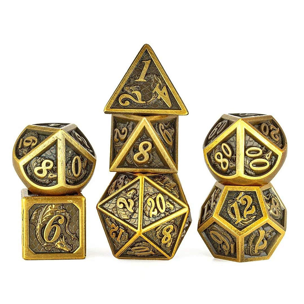HYMGHO Polyhedral Metal DND Dice Set with Metal Box, 7-die Engraved Dragon Design with Dragon Scales RPG dice, Dungeons and Dragons Pathfinder Shadowrun D&D Role Palying Game(Ancient Gold)