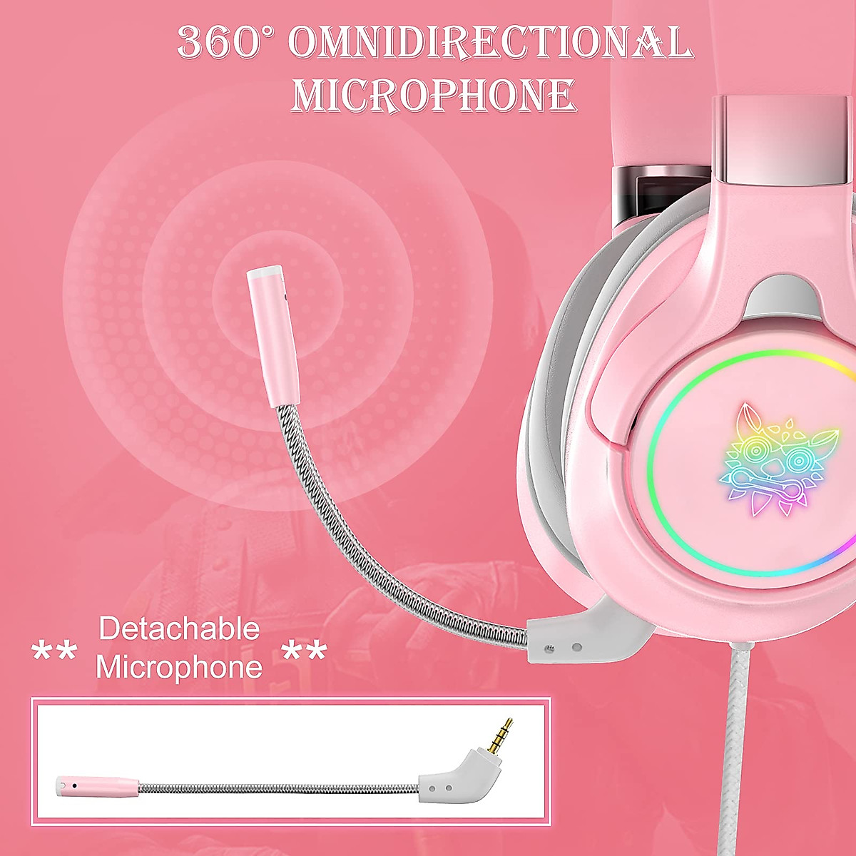 HOLULU Foldable Pink Gaming Headset Compatible with PS5 PS4 PC Mobile Phone Tablet Xbox One(Adapter Not Included), with Detachable Noise Canceling Mic, 3.5mm & USB C Plug, for Adults & Kids