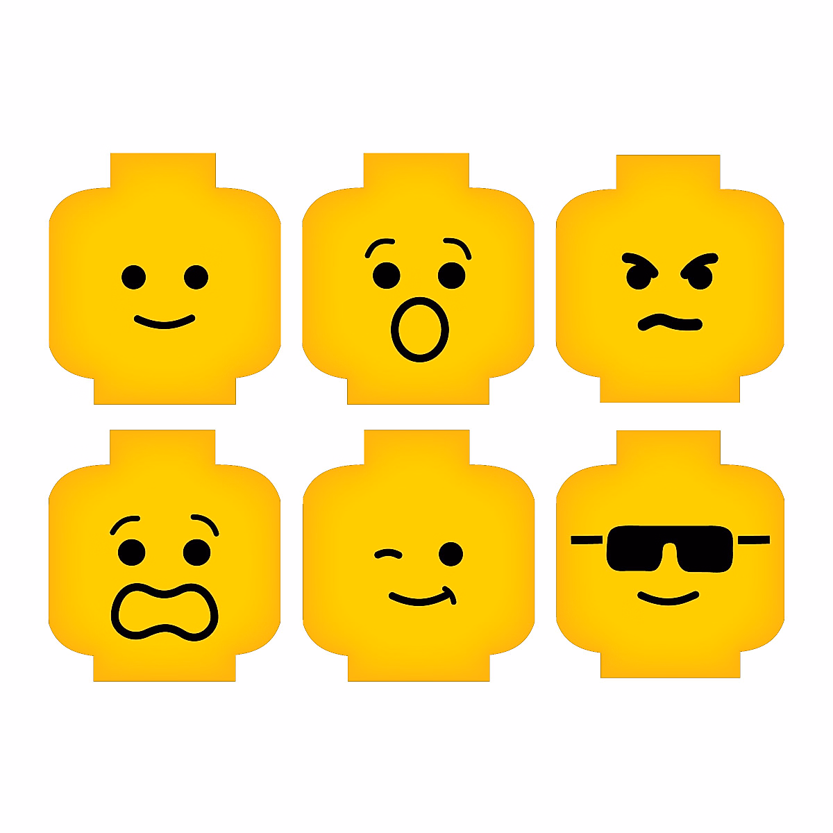 6 Minifig Heads Emotions Faces Wall Decor - 2.6" by 2.4" - Vinyl Stickers Digital Print Graphic for You Kids Brickbuilder and Masterbuilder Theme Room (Vinyl, XSmall)