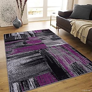 Allstar 8x10 Grey and Purple Modern and Contemporary Rectangular Accent Rug with Gainboro Grey and Charcoal Grey Abstract Bidirectional Brush Stroke Design (7' 9" x 9' 8")
