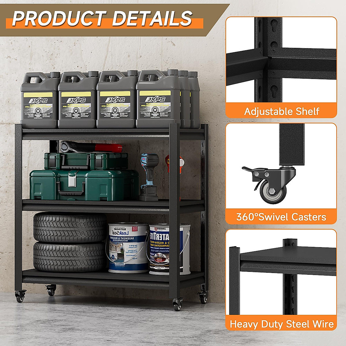 Topass Storage Shelves, Bakers Rack with Wheels, 3-Tier Metal Shelving Unit with Wheels for Kitchen Garage Office, Kitchen Stand with Adjustable Rack (18" D x 34" W x 32" H)