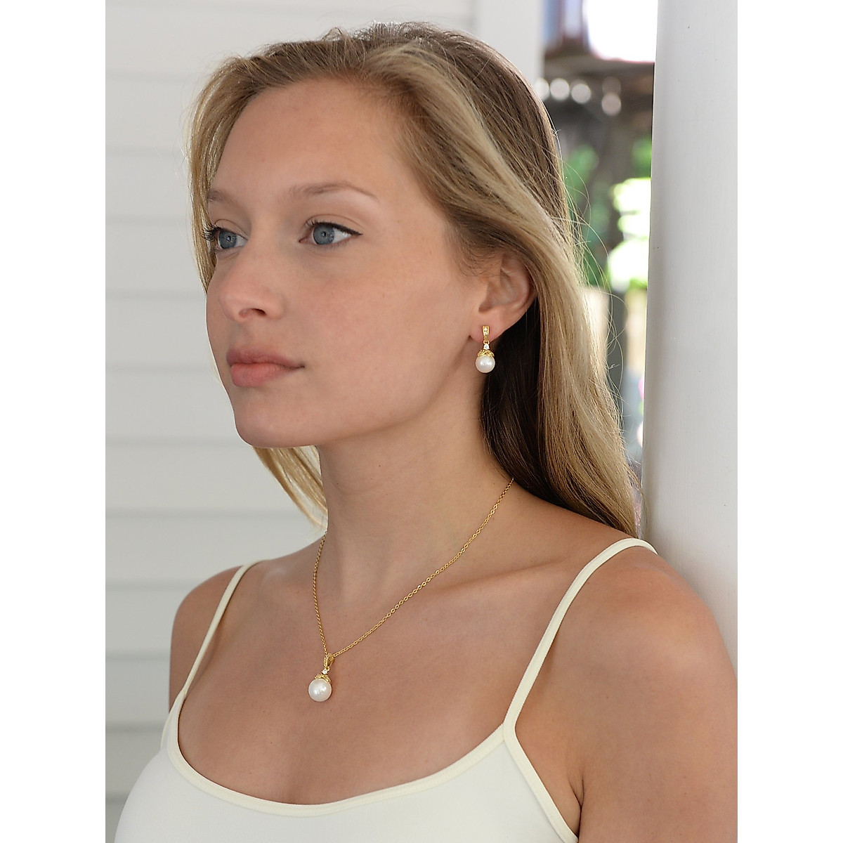 Mariell Gold Pearl Drop Bridal Necklace Earrings Set with CZ Crystals for Brides, Prom, Birthday Gift