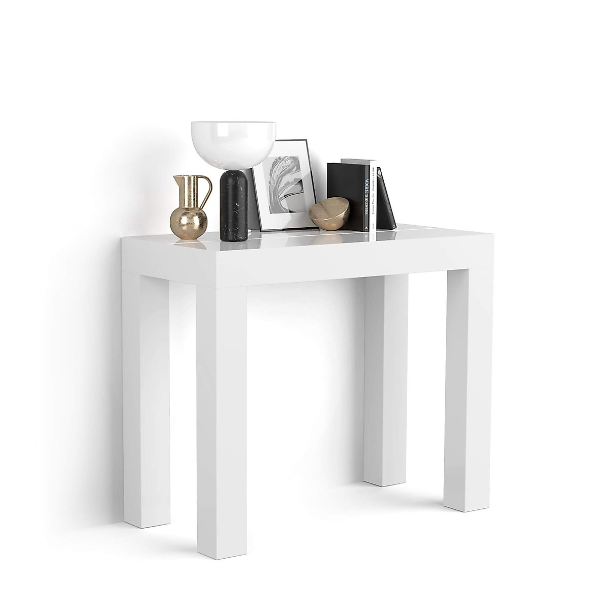 Mobili Fiver, First, Extendable Console Table 17.7(120) x35.4 in, High Gloss White, for 4-14 People, Space-Saving Dining Table, Italian Furniture
