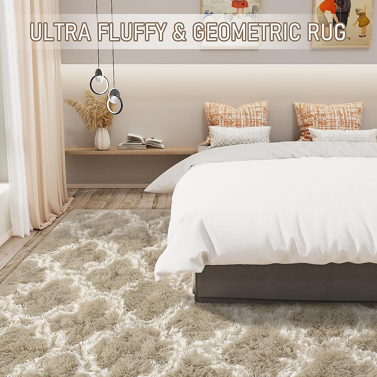 LOCHAS Luxury Shag Area Rug 5x8 Feet Geometric Plush Fluffy Rugs, Extra Soft Carpet Moroccan Rugs for Bedroom Living Room Dorm Kids, High Pile Shaggy Floor Rug Decor, Beige and White