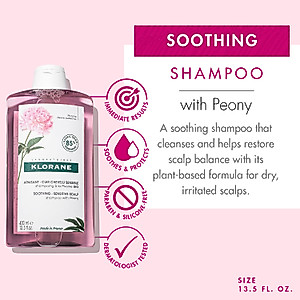 Klorane Shampoo with Peony, Soothing Relief for Dry Itchy Flaky Sensitive Scalp, pH Balanced, Provides Comfort, 13.5 fl. oz.