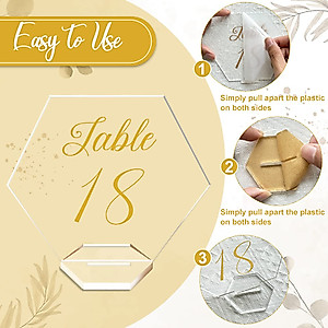 OurWarm Large Acrylic Wedding Table Numbers 1-20, Elegant Gold Printed Calligraphy Place Cards with Stand, Hexagon Multi-functional Clear Acrylic Sign and Holder, Ideal for Wedding Reception Events