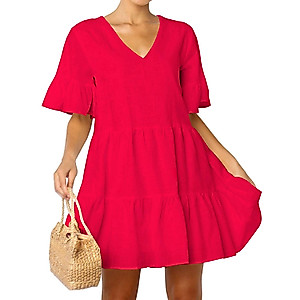 FANCYINN Women’s Red Cute Shift Tunic Dress Short Bell Sleeve V Neck Causal Swing Red Ruffle Mini Dress with Pockets M