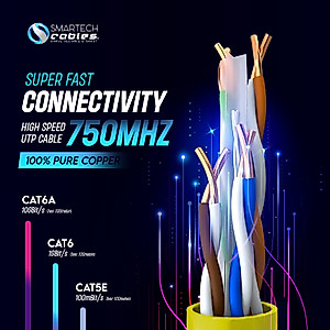 Smartech Cables Cat6A Riser Cable 1000ft- Most Certified 100% Solid Bare Copper Cat 6a Ethernet Cable-23 AWG, 750 MHz, PoE++ - Unshielded Twisted Pair (UTP) - 10 GB High Speed for Networking & Gaming