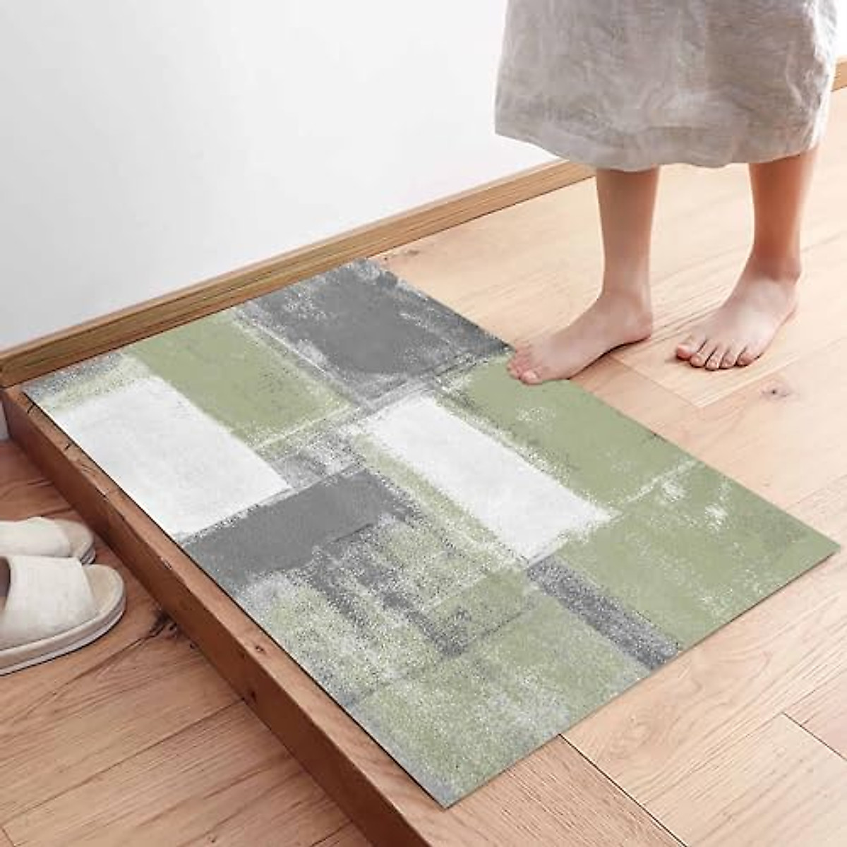 Indoor Door Mat,Sage Green Abstract Painting 20 x 32 inch Large Non-Slip Absorbent Dirt Entrance Mat, Washable Low Profile Inside Floor Mat Doormats for Entryway