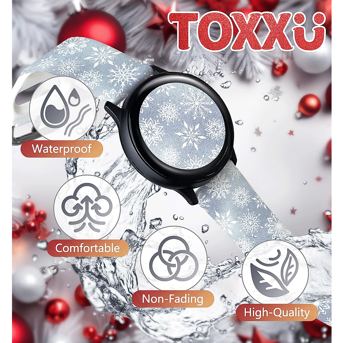 TOXXU Christmas Snowflake Watch Band 20mm Compatible with Samsung Galaxy Watch 5/ Watch 5 Pro / Watch 4/ Watch 4 Classic/ Watch 3/ Watch Active 2/ Watch Active/ Watch for Women Men, Stylish Cute Pattern Xmas Printed Replacement Strap