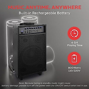 Pyle 800 Watt Outdoor Portable Wireless PA Loud speaker - 10'' Subwoofer Sound System with Charge Dock, Rechargeable Battery, Radio, USB / SD Reader, Microphone, Remote, Wheels - PWMA1090UI