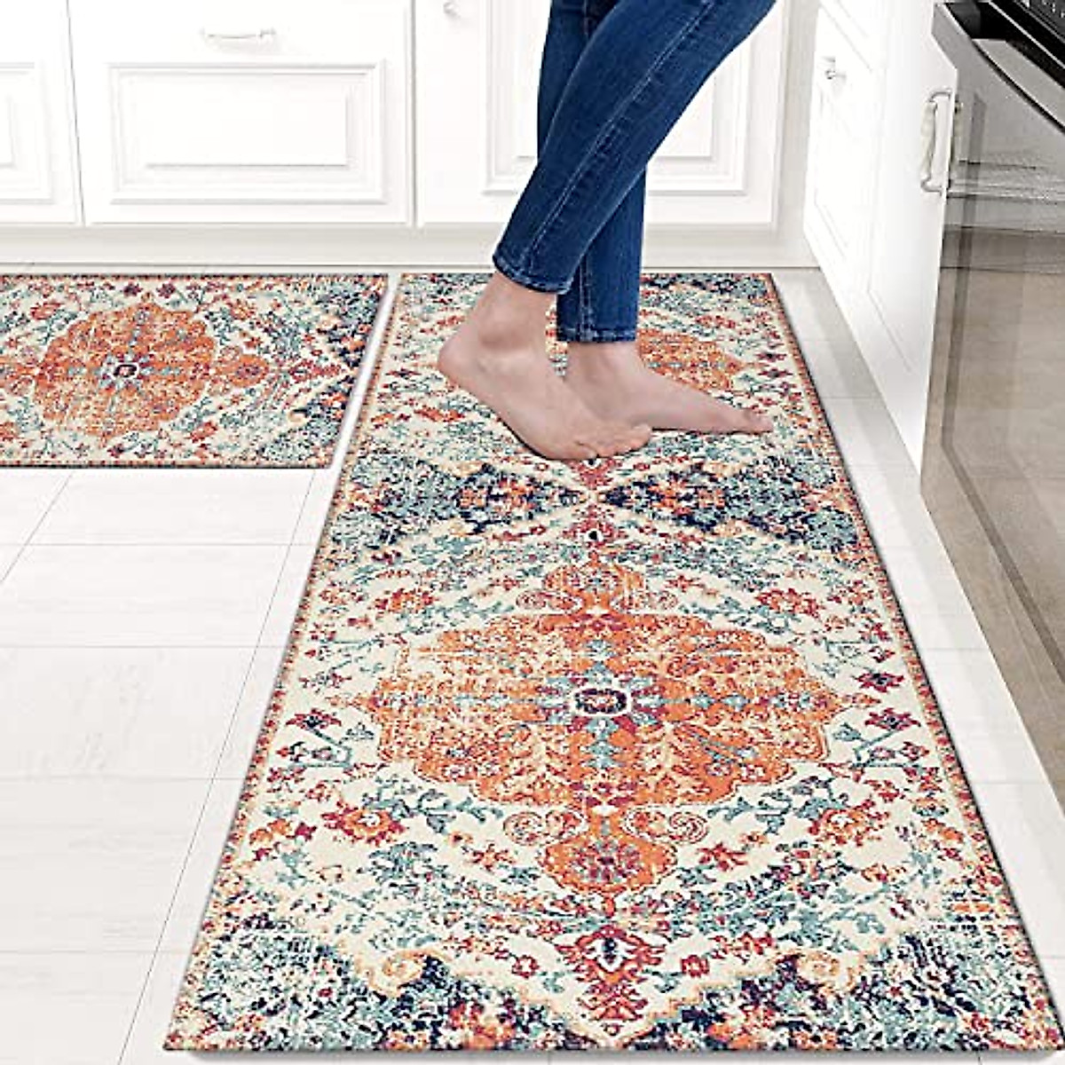 Boho Style Kitchen Rugs and mats Set of 2,Farmhouse Kitchen Mat for Sink,Non Slip Absorbent Stain Resistant Floor Mat for Kitchen Laundry Room Rug Area Runner Rug Orange
