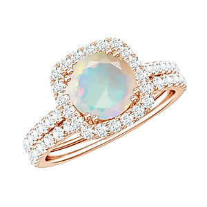 Ethiopian Opal Moissanite Wedding Ring Set, AAA Quality Certified 8mm Round Opal Bridal Ring Set - With Jewelry Box, 14K Rose Gold, Size:US 7.00