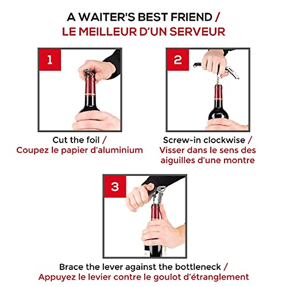 Peugeot - Clavelin Sommelier’s Corkscrew - Patented Single Pull Manual Bottle Opener with Foil-Cutter and Bottle Cap Remover, Black, 5.5 Inches