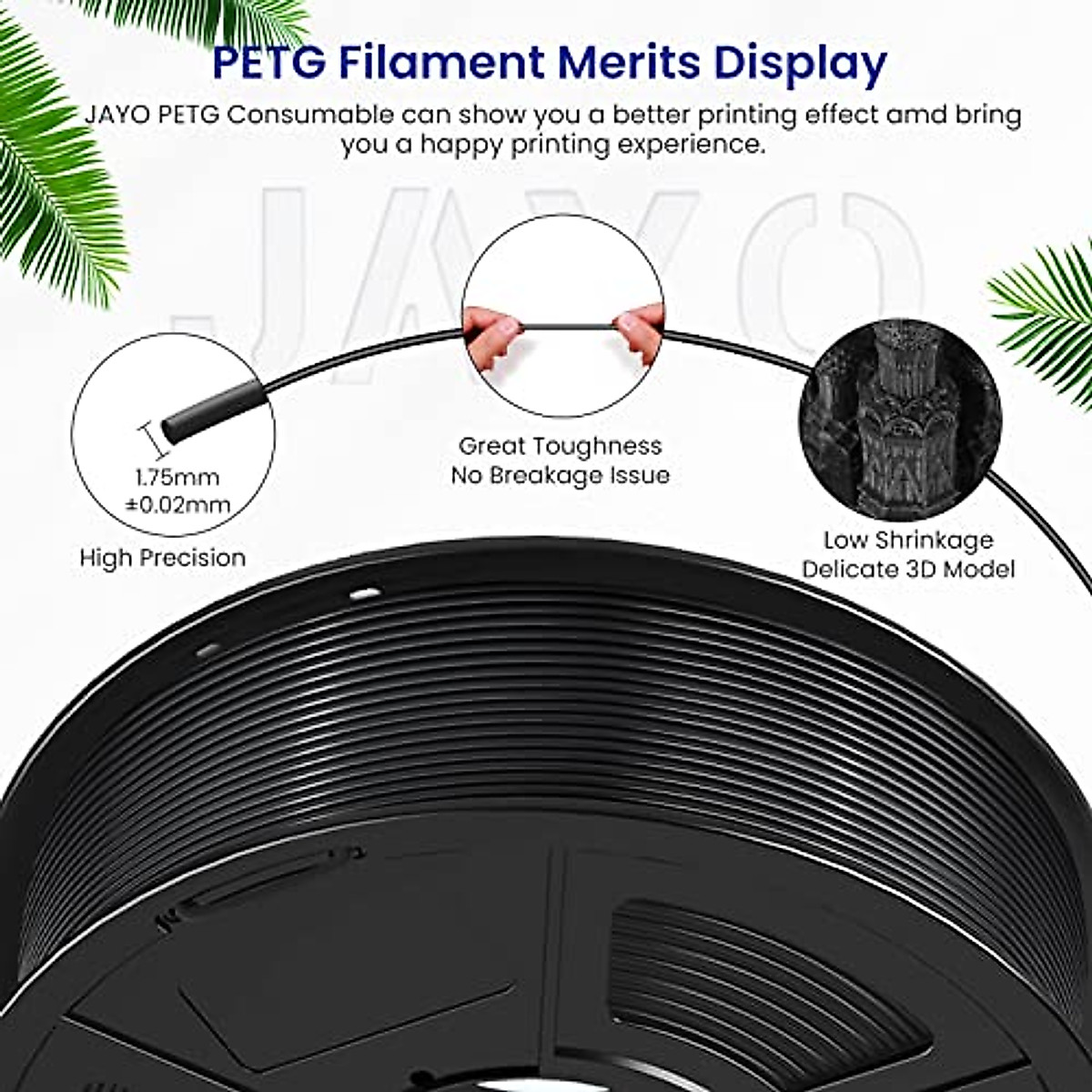 JAYO PETG 3D Printer Filament, 1.75mm PETG Filament 2KG Spool, Consumable Dimensional Accuracy +/-0.02mm, Printing Material fit for FDM 3D Printers, PETG Black+Black