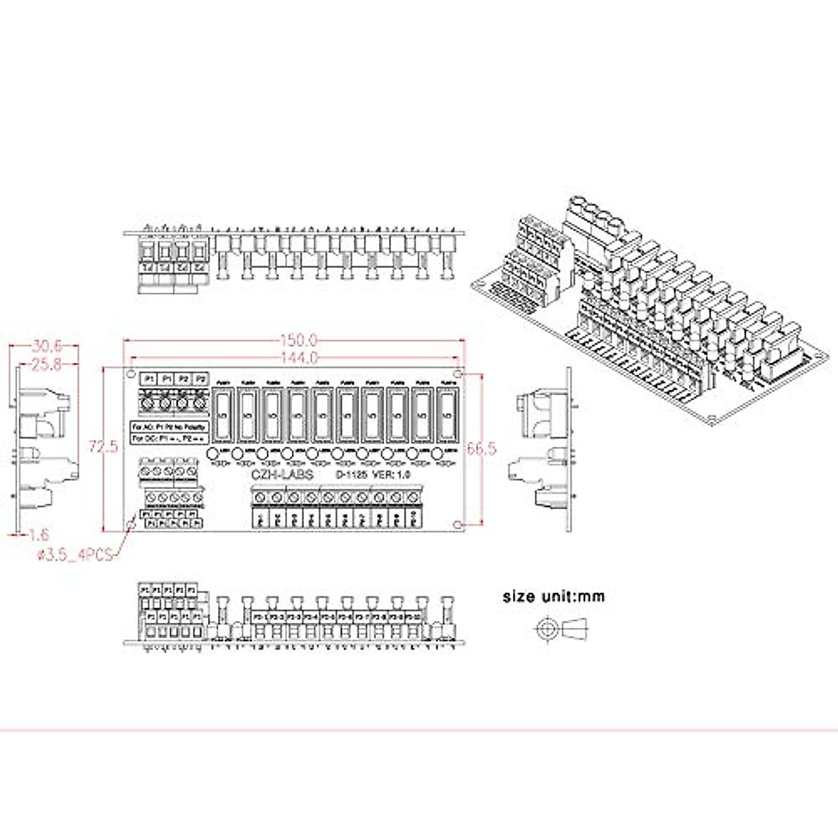 Electronics-Salon Panel Mount 10 Position Power Distribution Fuse Module Board, for AC/DC 5~32V