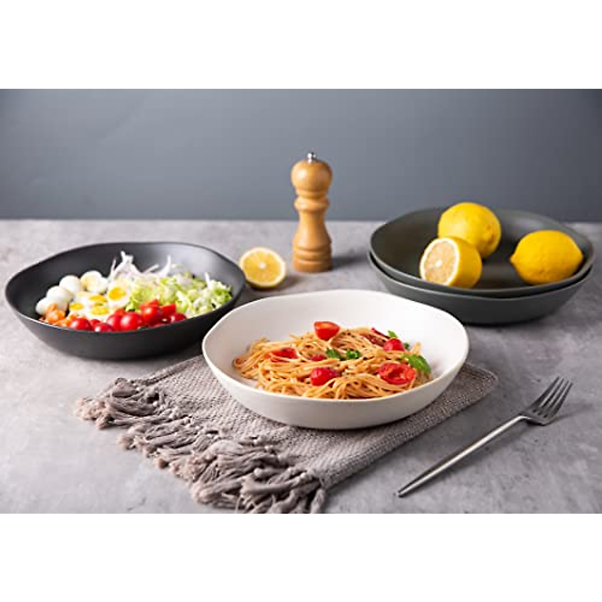 AmorArc 9.75 inch Stoneware Flat Pasta Bowls, 38oz Large Wide Bowls Set of 4 for Kitchen, Microwave Safe Bowls with Wavy Rim for Pasta Salad, Matte Black