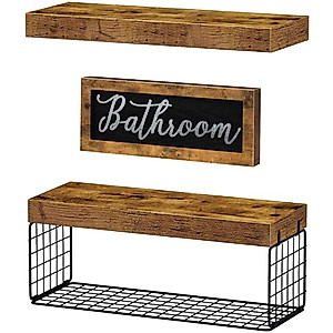 QEEIG Bathroom Decor Shelves Over Toilet - Farmhouse Decorations Aesthetic Décor Sign Small Floating Wall Shelf Paper Storage 2+1 Set 16 inch, Rustic Brown (020BN)