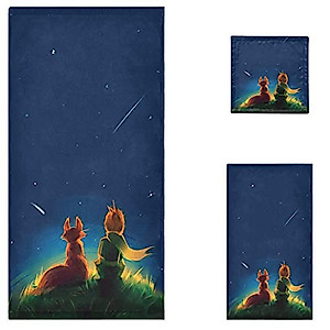 Naanle Magic Little Prince Fox Sitting on Grass Under Starry Sky Soft Set of 3 Towels, 1 Bath Towel+1 Hand Towel+1 Washcloth, Multipurpose for Bathroom, Hotel, Gym, Spa and Beach