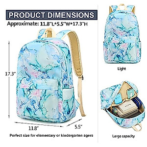 LEDAOU Backpack for Girls School Bag Kids Bookbag Teen Backpack Set Daypack with Lunch Bag and Pencil Case (Marble Purple Blue Green)
