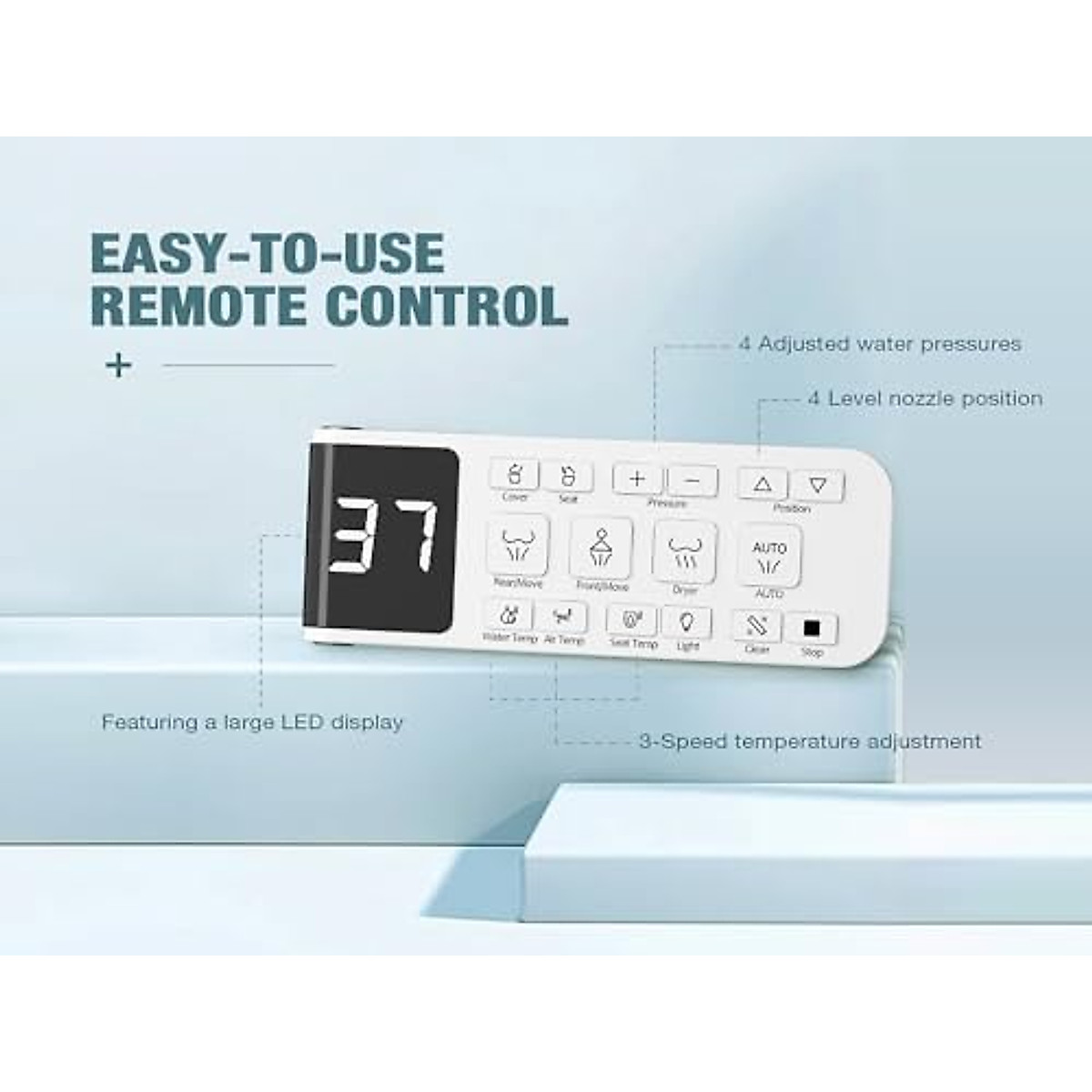 MEJE #001U-Electronic Bidet Seat for Elongated Toilets with Remote Control, Temperature Display Heated Toilet Seat,Auto Open and Close,Warm Air Dryer and Temp Controlled Wash Functions (White)