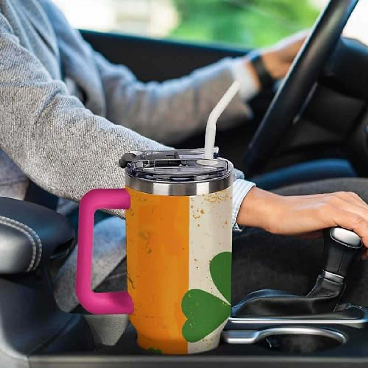 Irish Flag With Shamrock Pattern 40 Oz Tumbler Insulated Stainless Steel Water Bottle Travel Mug Car Cup with Handle And Straw